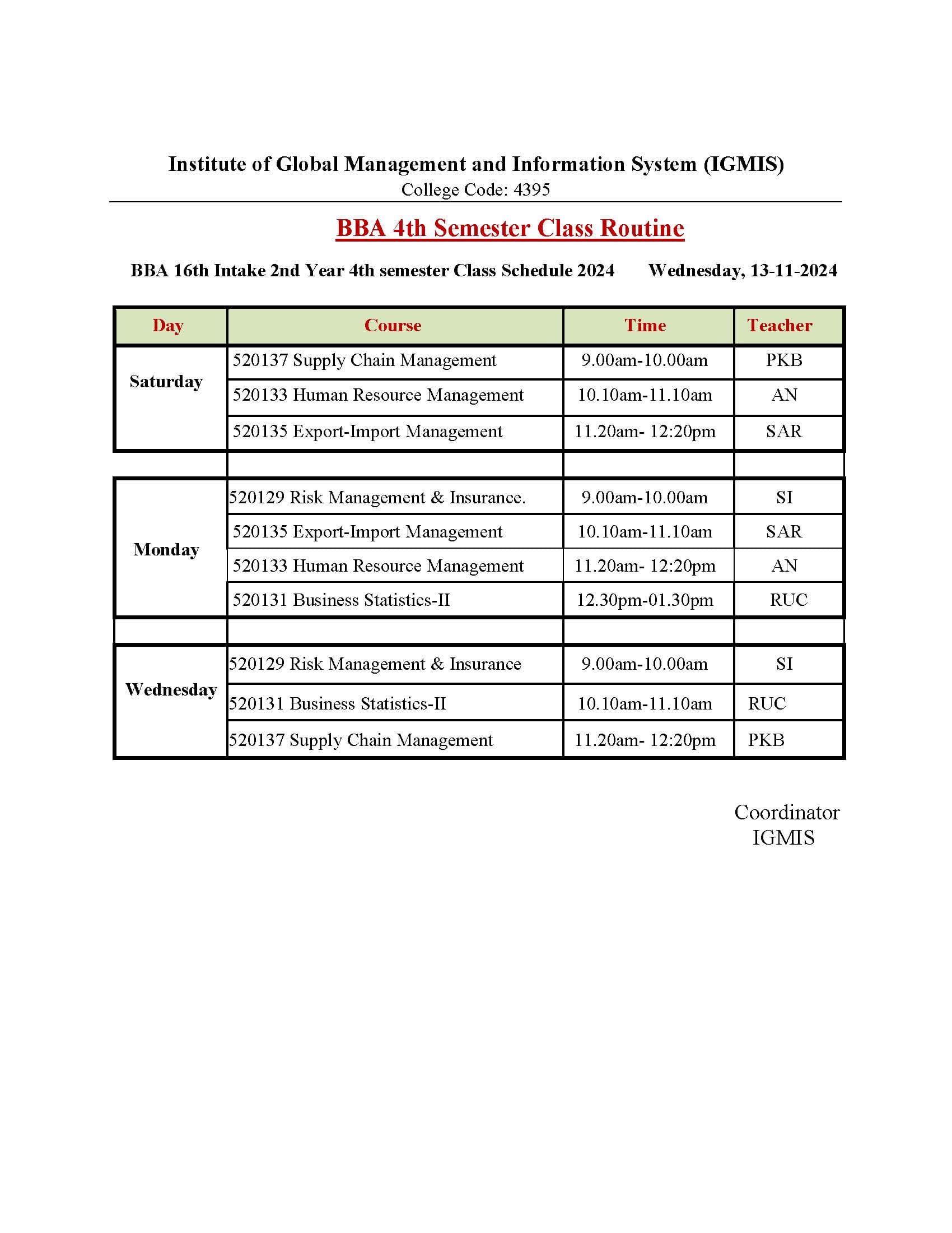 BBA 16th Intake 4th Semester Class Routine – IGMIS